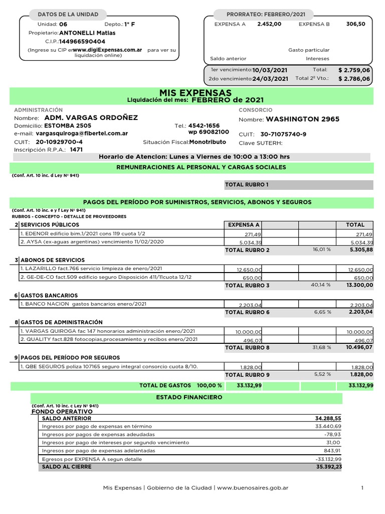Mis Expensas: Adm. Vargas Ordoñez Washington 2965 | PDF | Bancario | Servicios financieros