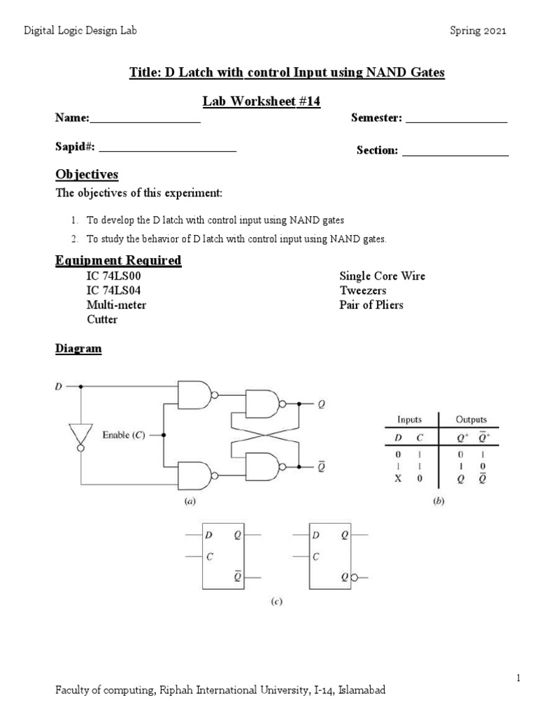 Title: D Latch With Control Input Using NAND Gates Lab Worksheet #14 | PDF