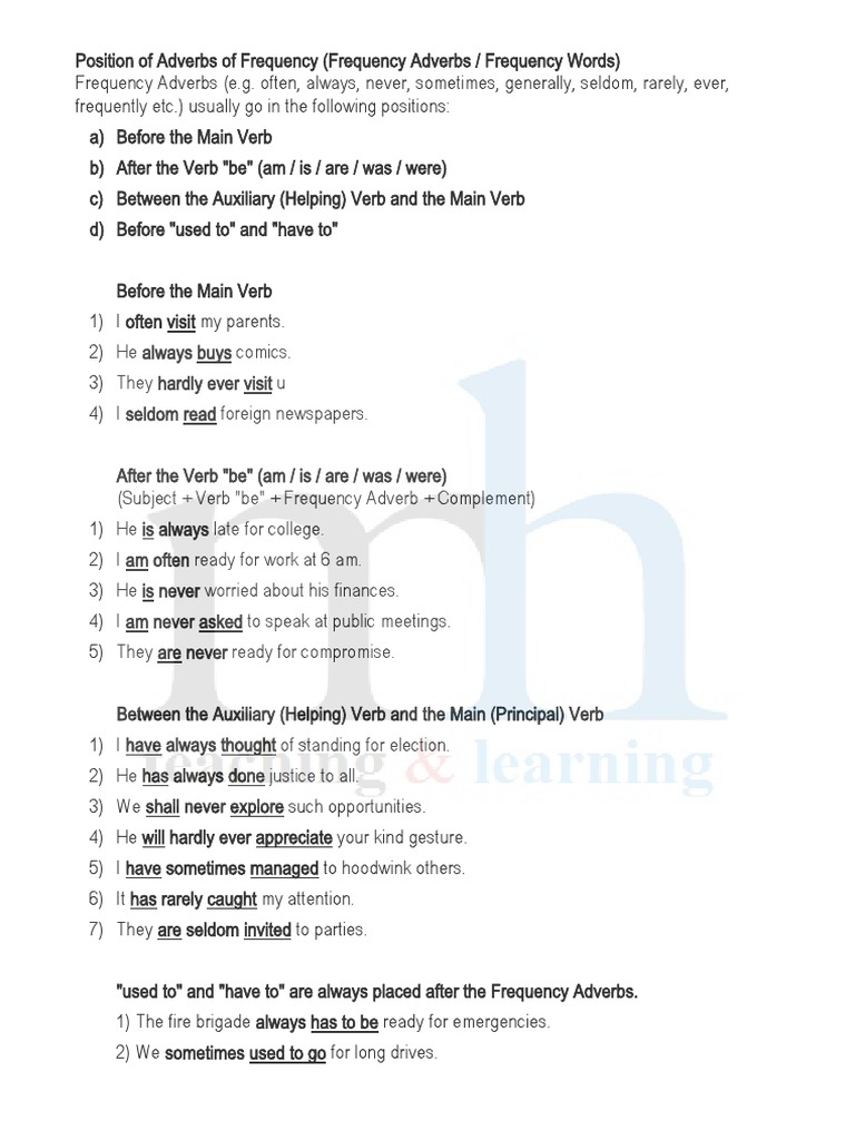 Adverb Placement Guide: Frequency Words | PDF | Career & Growth ...