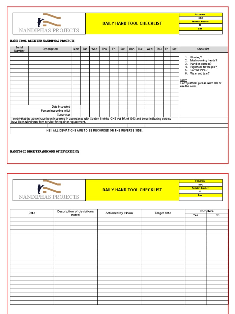 Nandiphas Projects: Daily Hand Tool Checklist | PDF