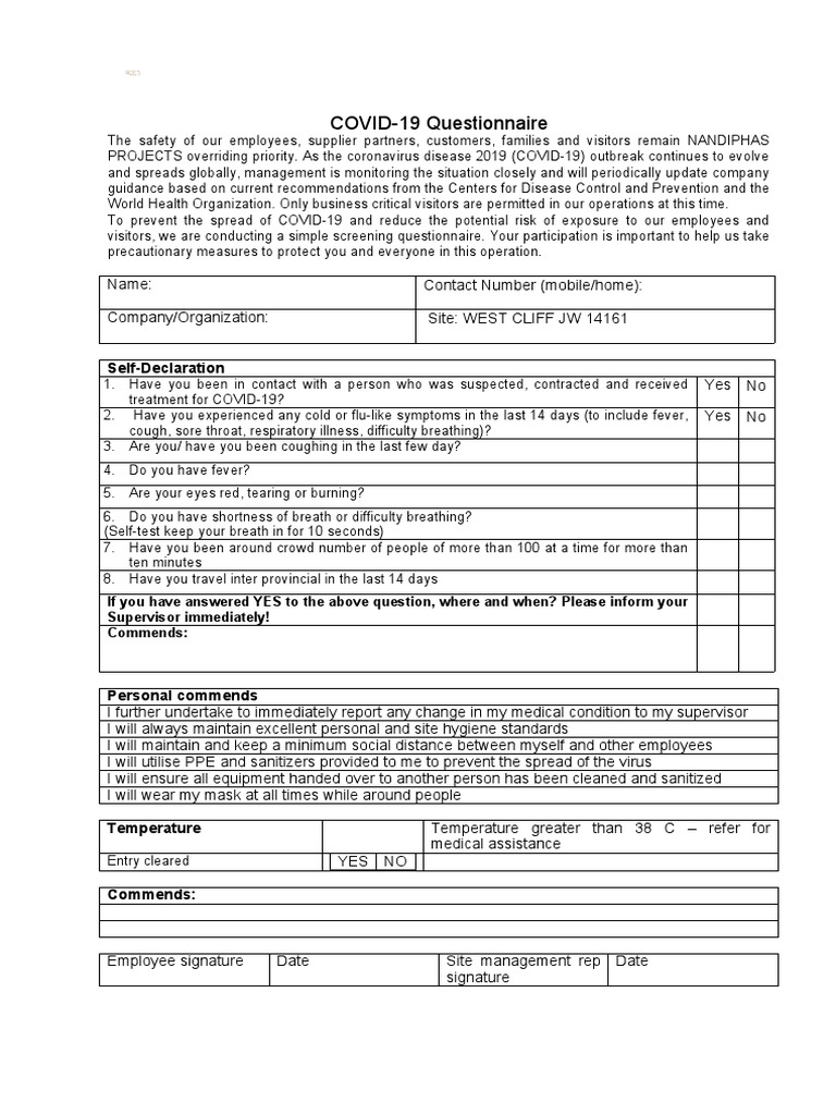 COVID-19 Screening Questionnaire for NANDIPHAS | PDF | Respiratory ...