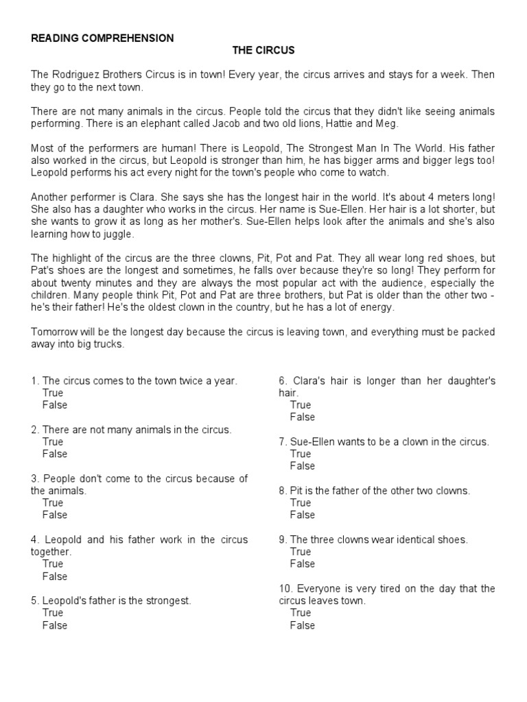 Reading Comprehension The Circus | PDF | Circus