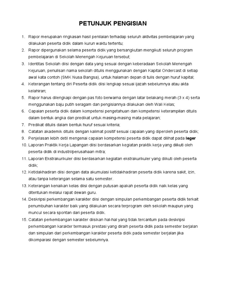 Petunjuk Pengisian Raport&identitas Sekolah | PDF