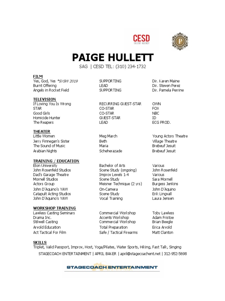 Paige Hullett: SAG - CESD TEL: (310) 234-1732 | PDF | Performing Arts | Theatre