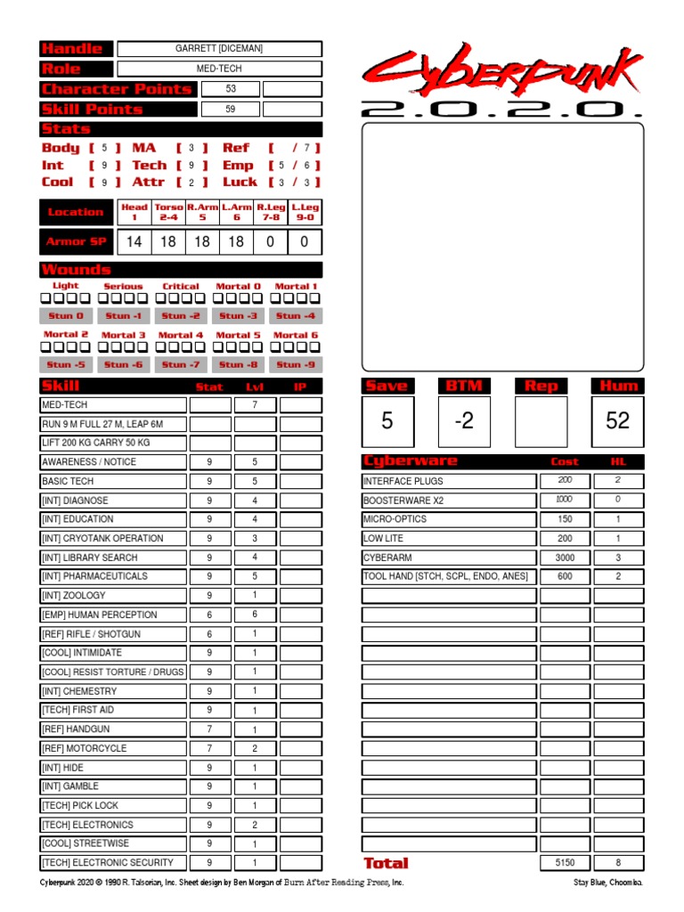 Cyberpunk 2020 Character Sheet | PDF | Firearms | Projectile Weapons