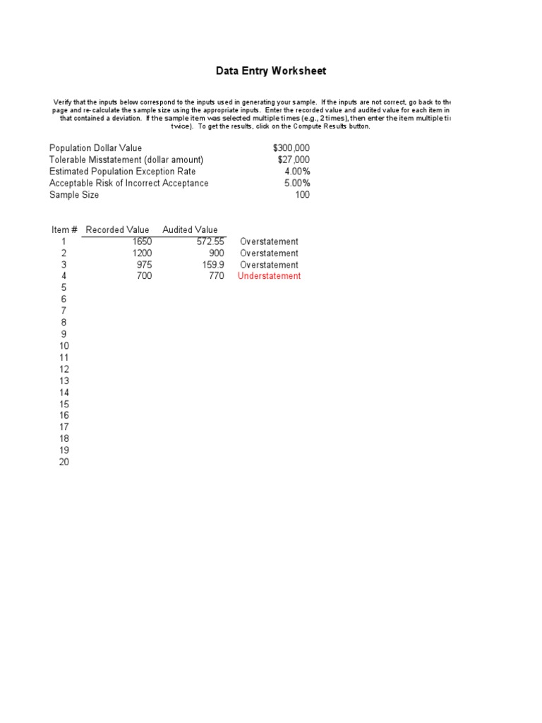 Monetary Unit Sampling Spreadsheet | PDF | Sample Size Determination ...