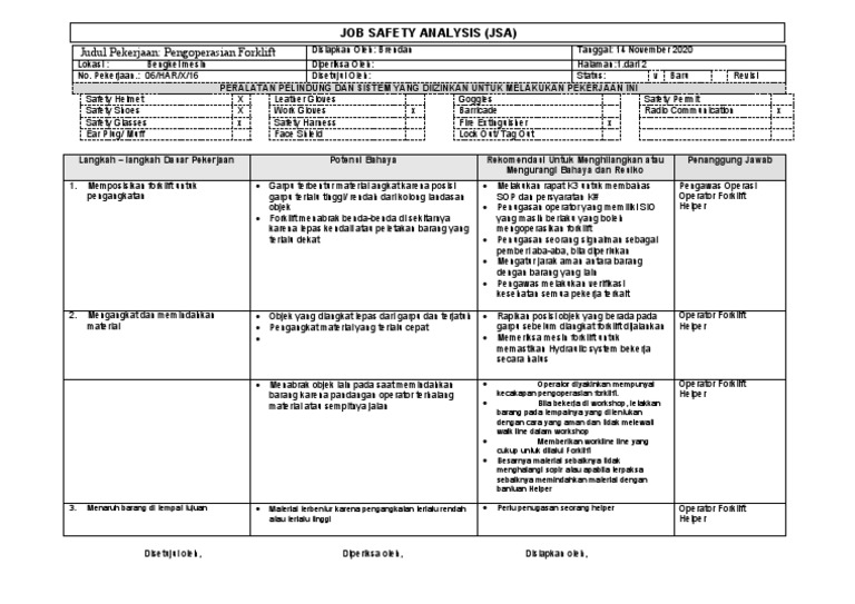 Judul Pekerjaan: Pengoperasian Forklift: Job Safety Analysis (Jsa) | PDF