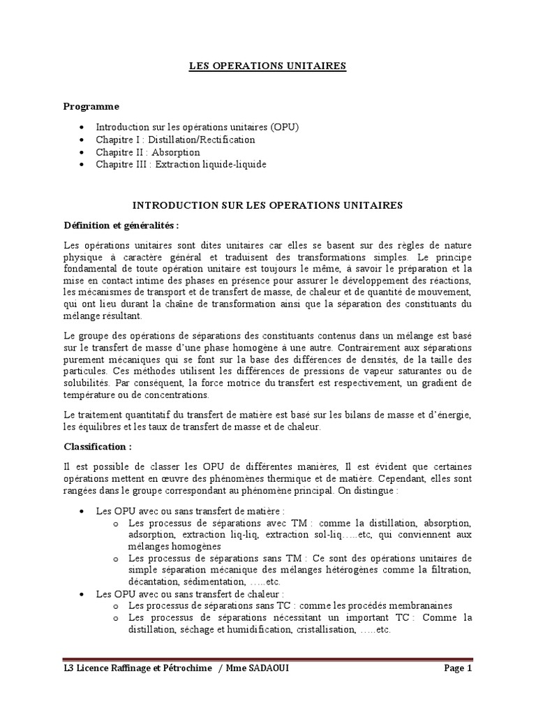 1 Cours OPU | PDF | Distillation | Masse