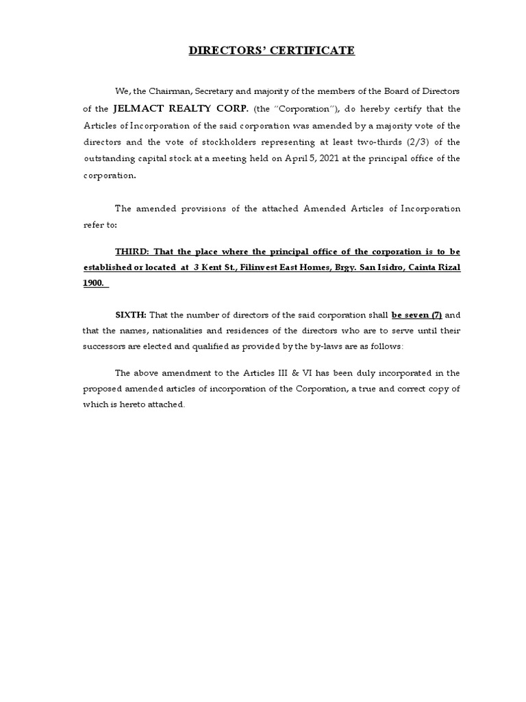 Directors Certificate - JELMACT REALTY 2021 (Revised June 15, 2021 ...