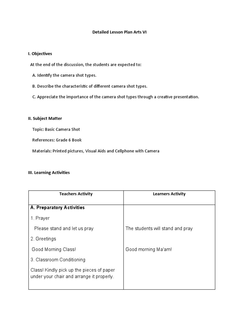Detailed Lesson Plan Arts VI | PDF | Lesson Plan | Close Up