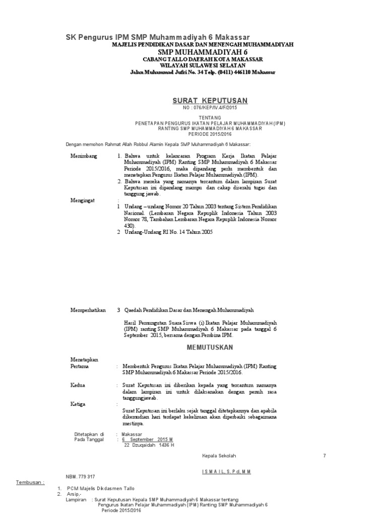 Contoh SK Penetapan Pengurus IPM | PDF