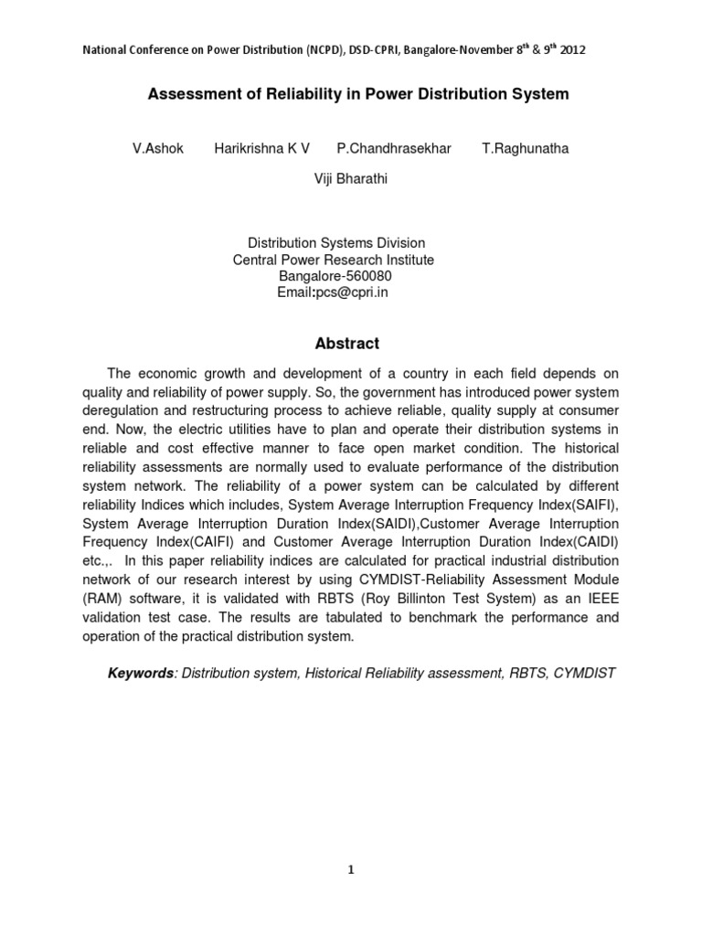 Assessment of Reliability in Power Distribution System | PDF ...