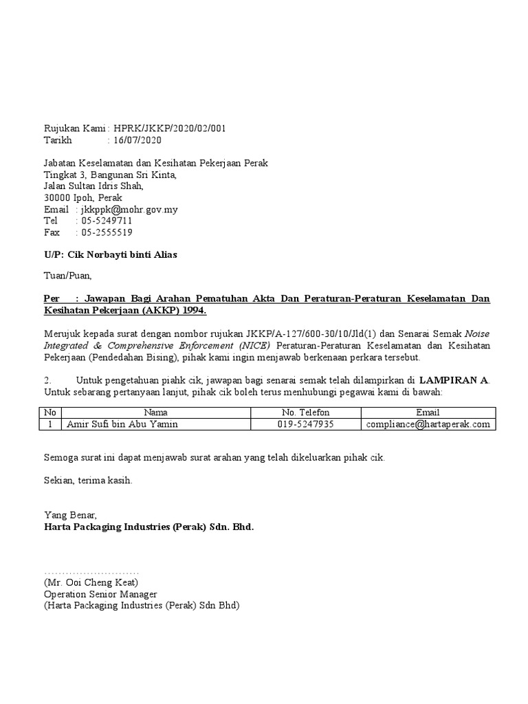 Letter To DOSH AKKP 1994 - Noise | PDF