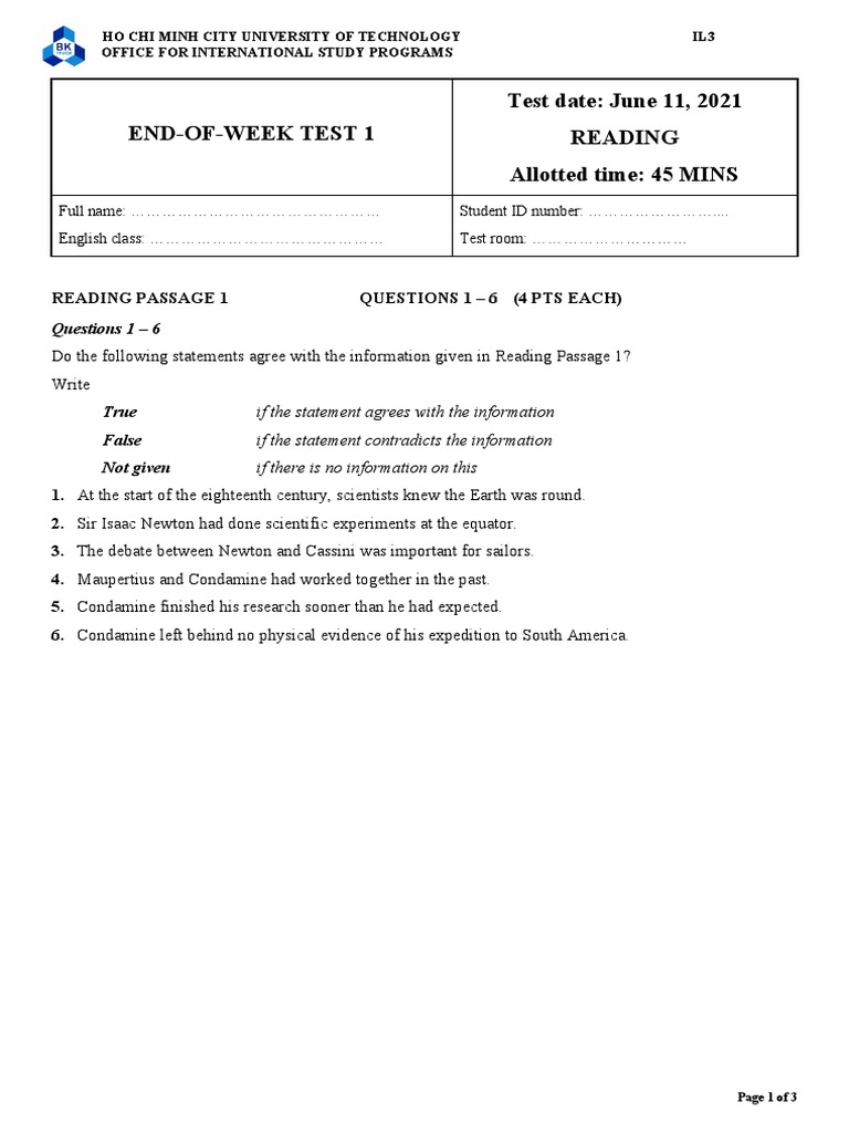 End-Of-Week Test 1 Test Date: June 11, 2021 Reading Allotted Time: 45 ...