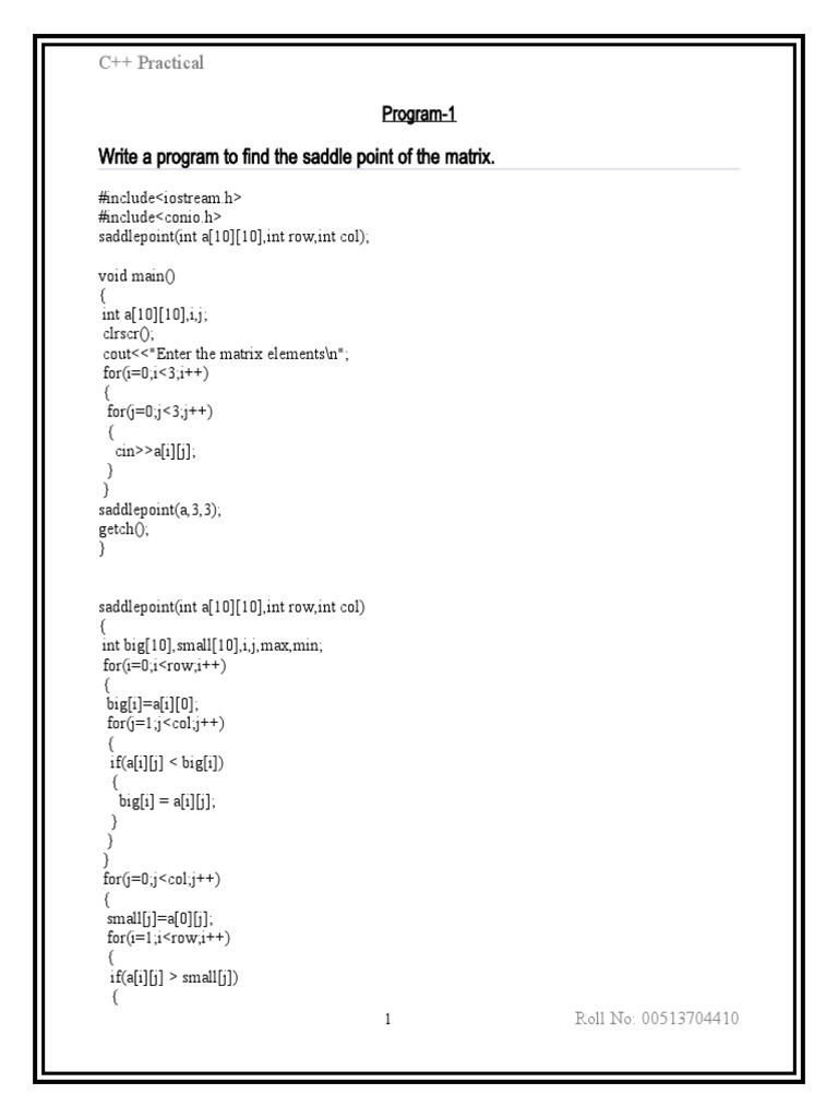 Write A Program To Find The Saddle Point of The Matrix.: C++ Practical ...