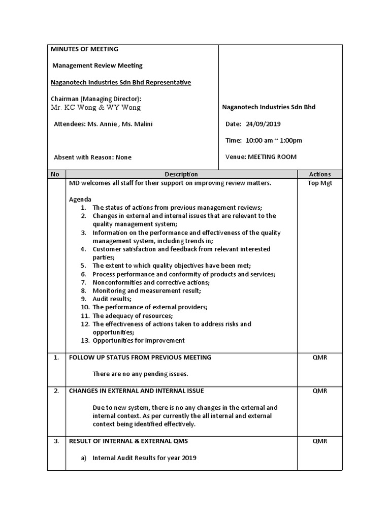 MRM - Management Review Sample | PDF | Internal Audit | Audit