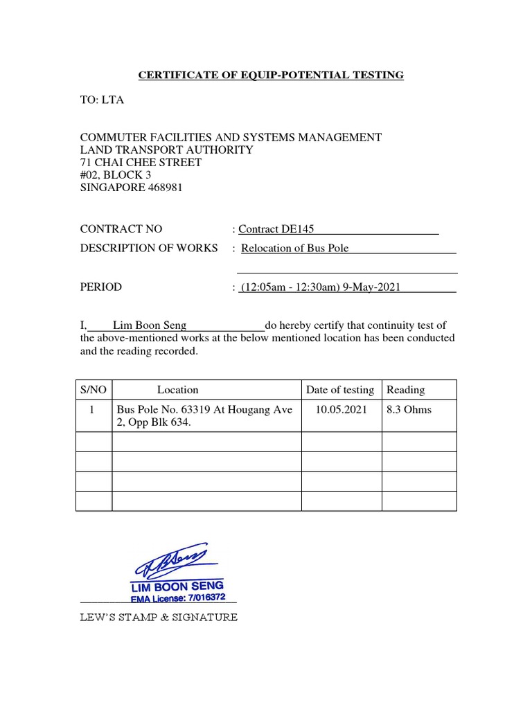 Certificate of Equippotential Testing (BS 63319) | PDF
