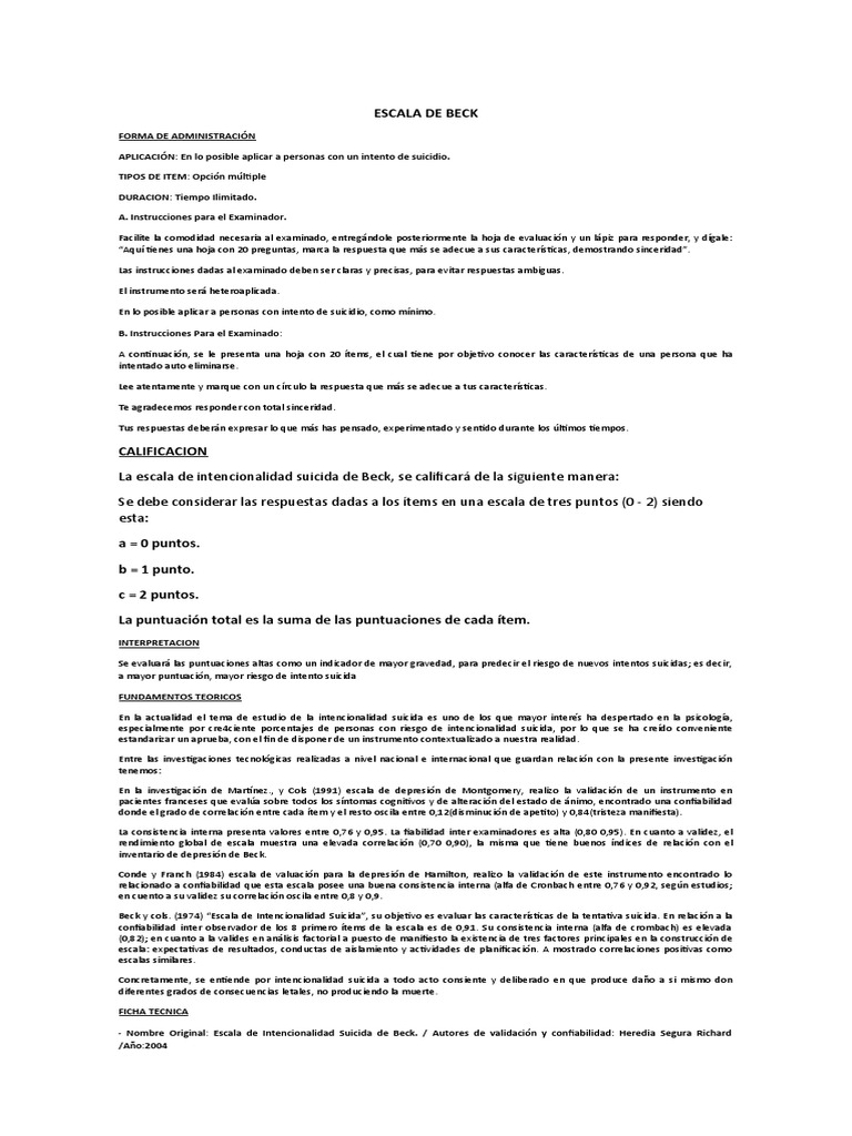 Escala de Beck | PDF | Depresión (estado de ánimo) | Suicidio