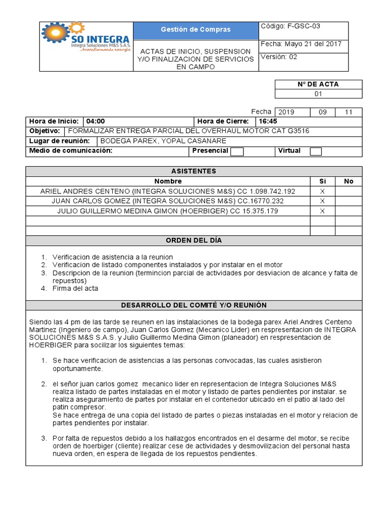 Acta Entrega Parcial G3516 WPW000585 | PDF | Business