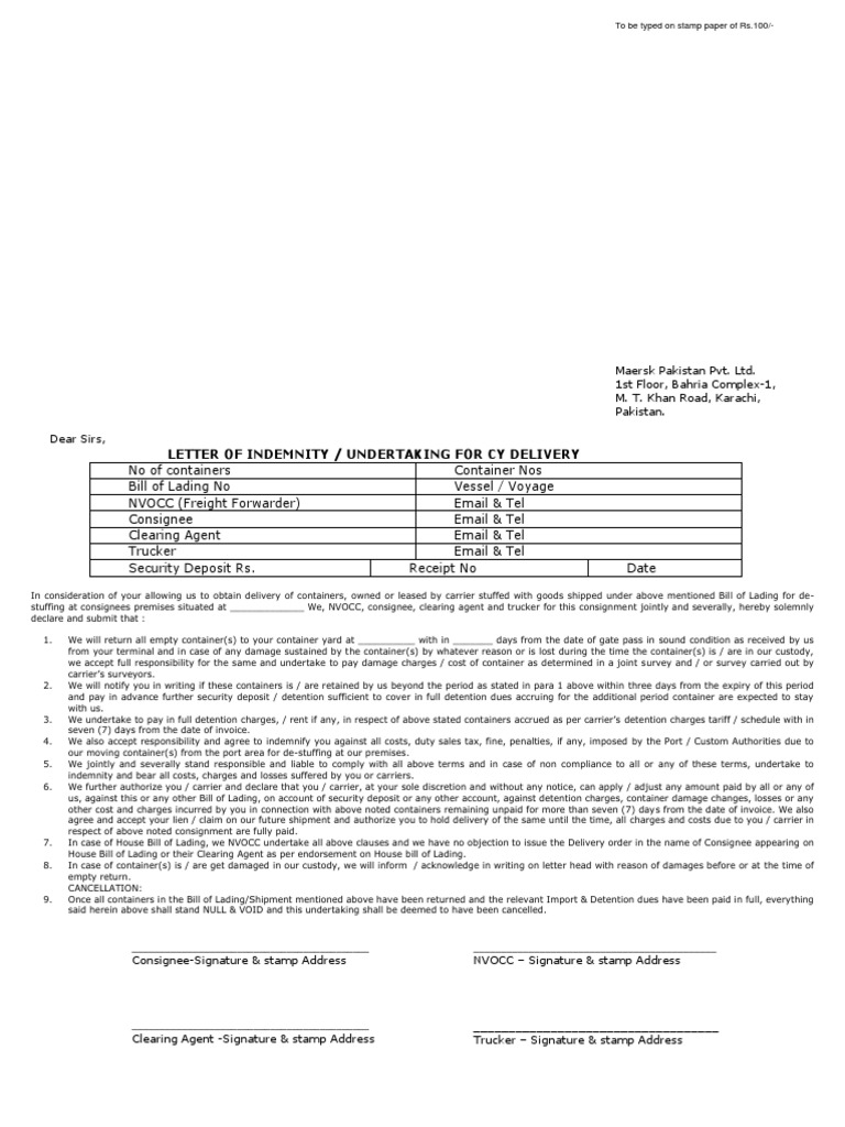 Container Guarantee Letter of Indemnity | PDF | Bill Of Lading | Cargo