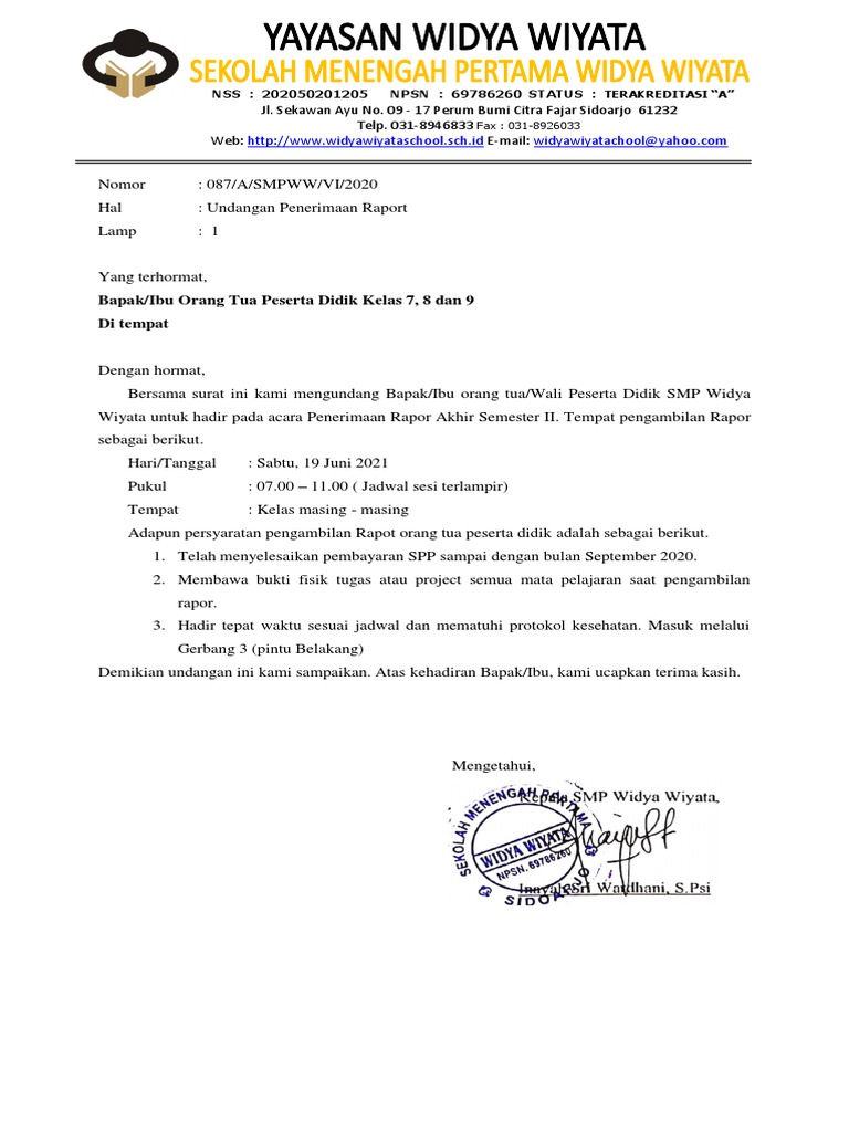 088 Penerimaan Raport Dan Jadwal | PDF