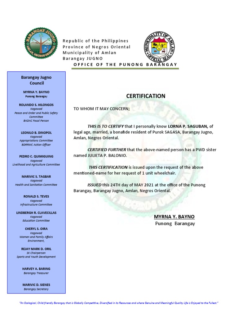 Certification: Office of The Punong Barangay Barangay Jugno Council ...