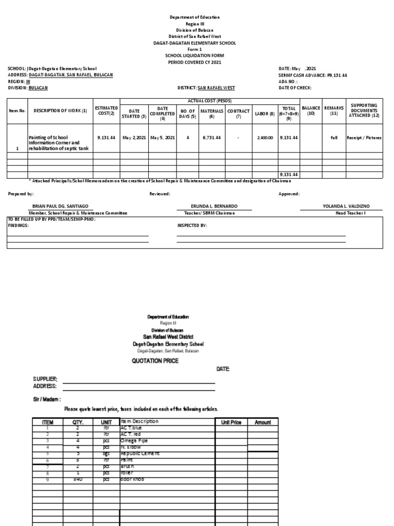 Dagat-Dagatan Elementary School Form 1 School Liquidation Form Period ...