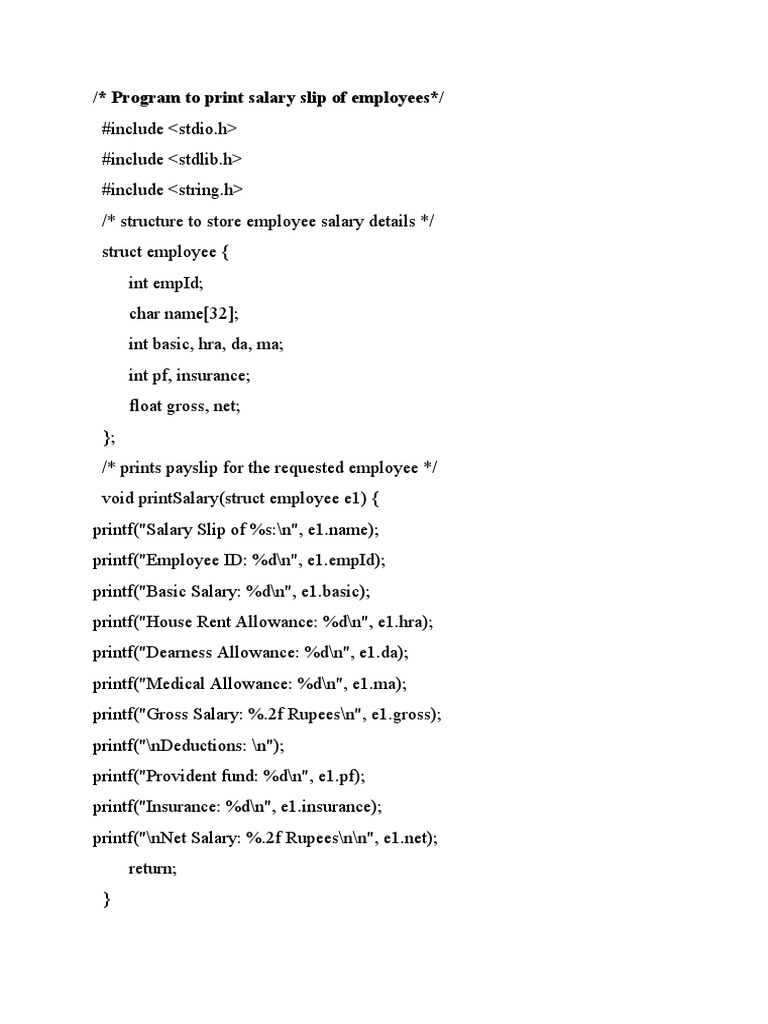 Program To Print Salary Slip of Employees | PDF | C++ | Object Oriented ...