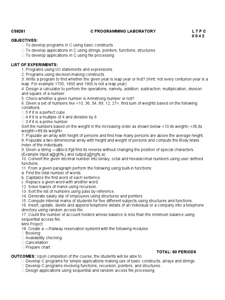C Lab Syllabus Pdf C Programming Language Pointer Computer