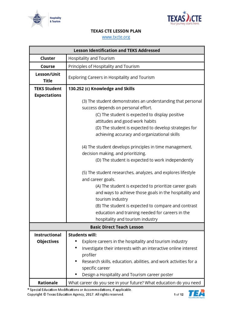 Lesson Plan Exploring Careers in Hospitality and Tourism | PDF ...