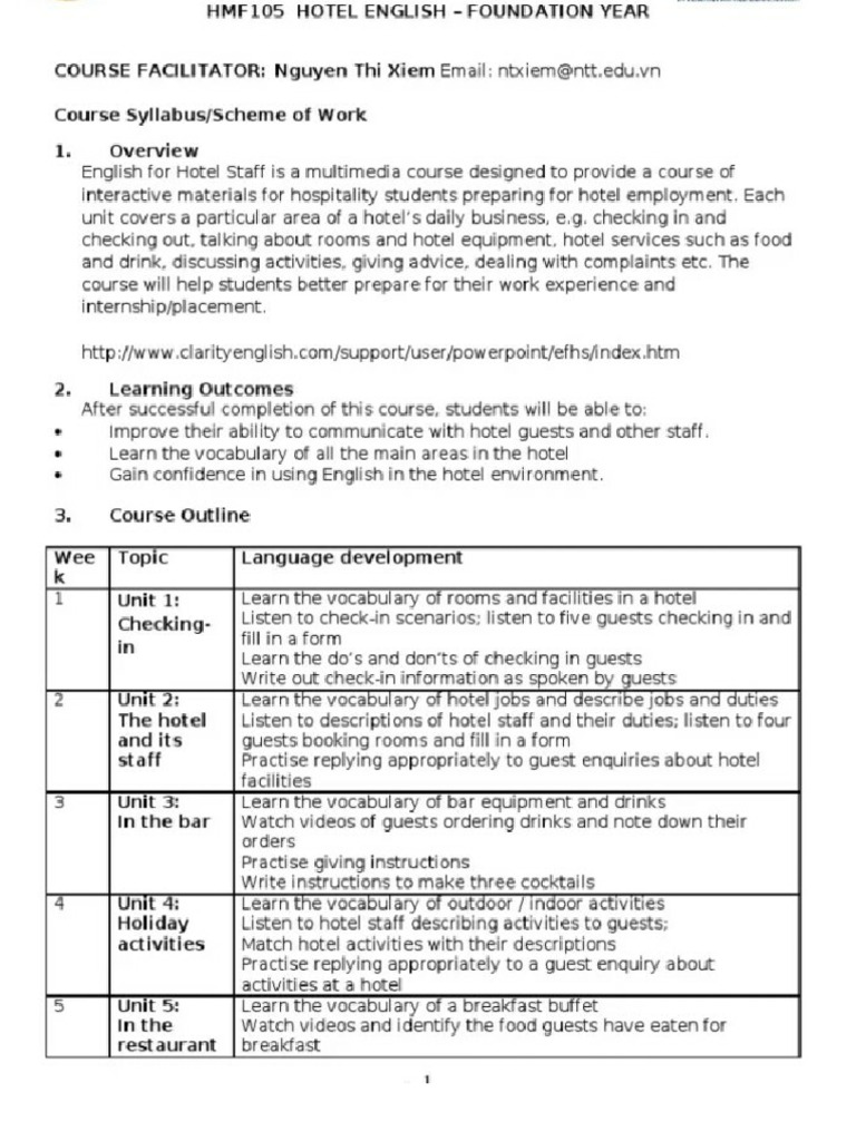 Syllabus Hotel English | PDF