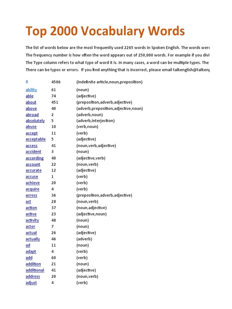 Top 2000 Common English Words List | PDF | Verb | Adjective