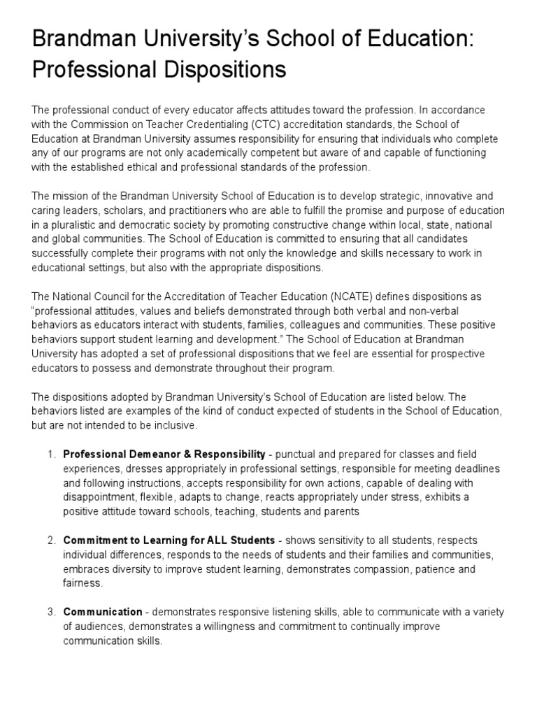 School of Education Professional Dispositions | PDF | Teacher Education ...