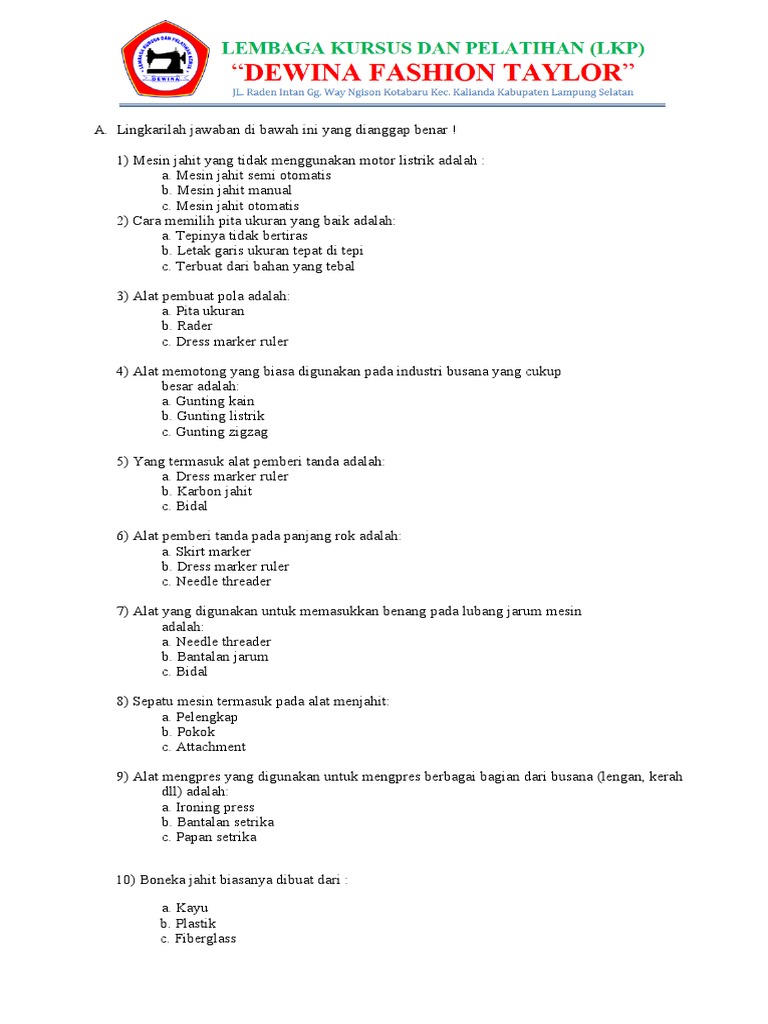 Soal Ujian Menjahit | PDF | Teknologi & Rekayasa