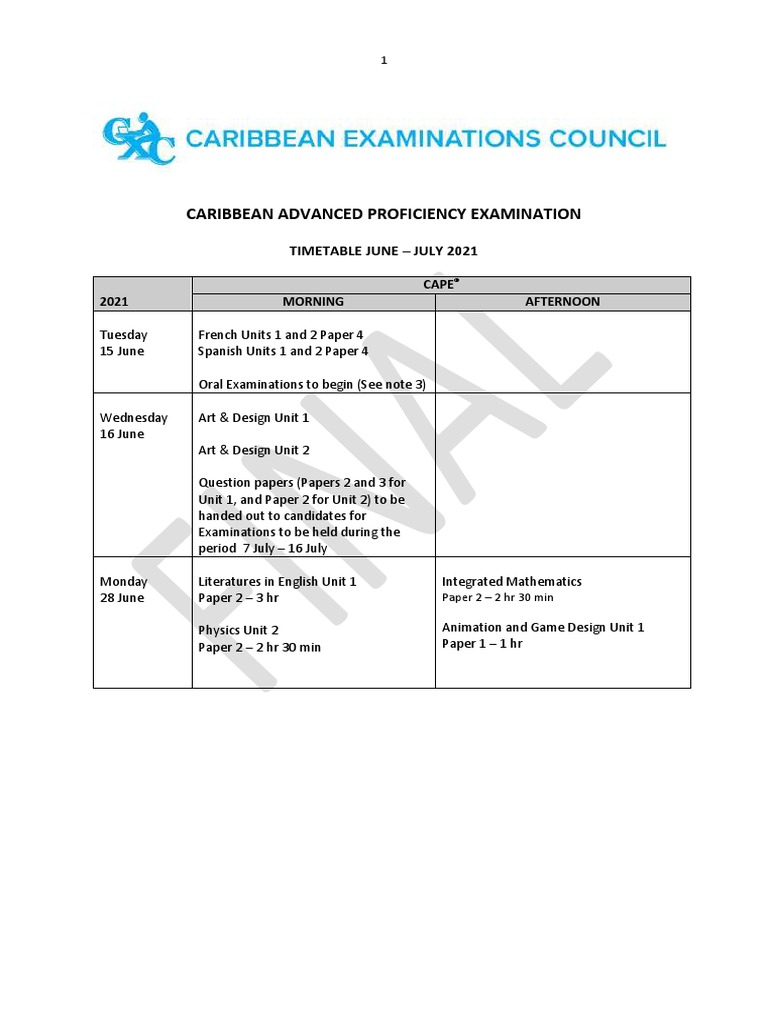 Timetable CAPE Revision 2021 FINAL | PDF | Engineering | Test (Assessment)