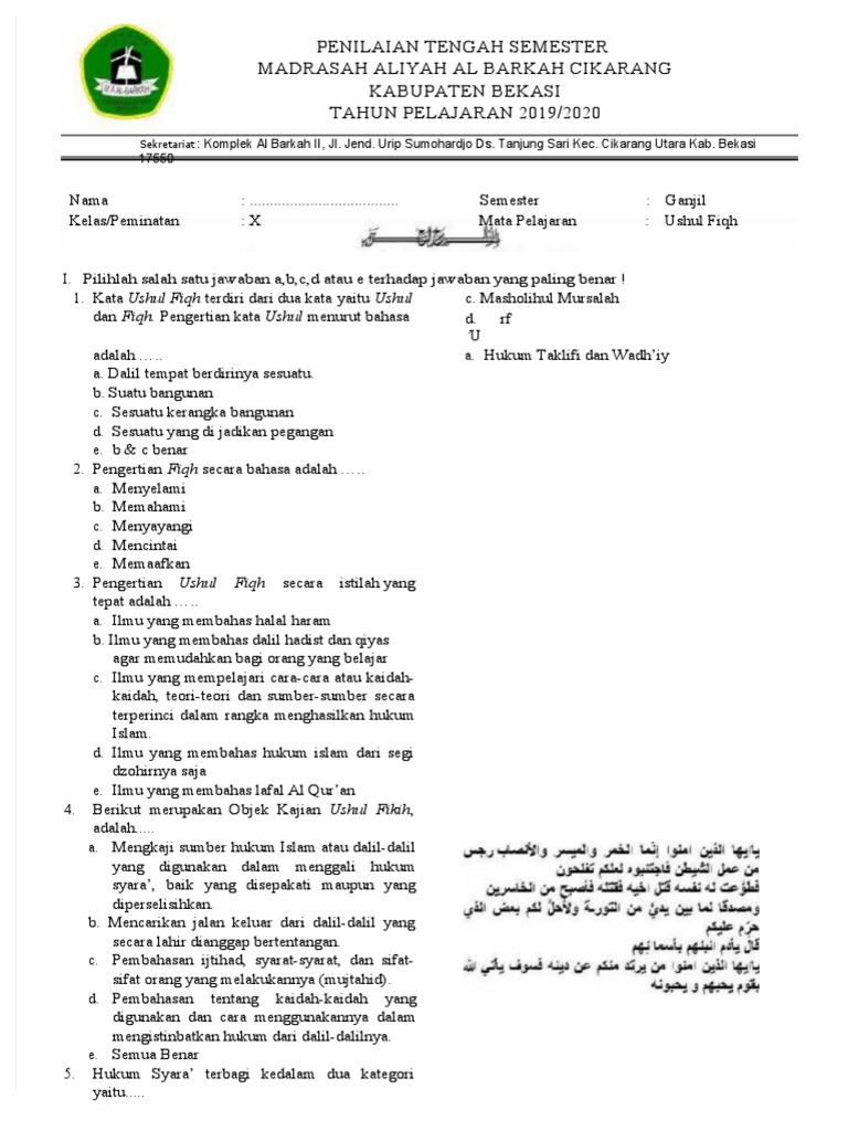 PDF Soal Pts Dan Jawaban Ushul Fikih Kelas X Xi Dan Xii Fixdocx | PDF