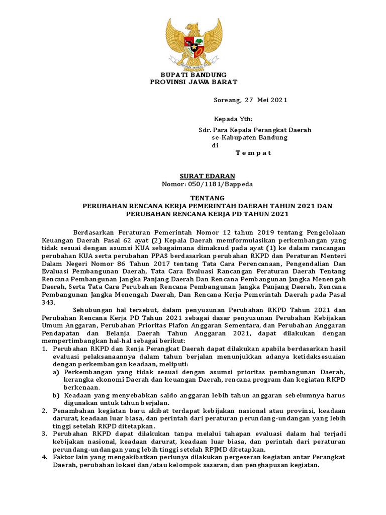 Surat Edaran Perubahan RKPD 2021 | PDF