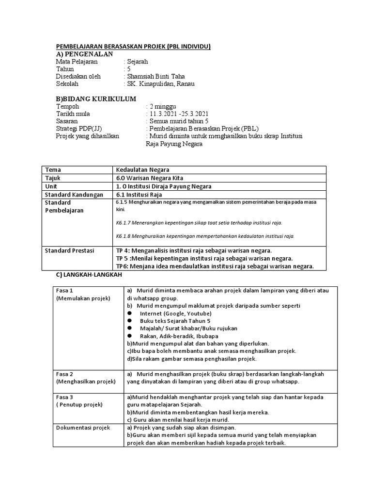 PBL Sejarah Tahun 5 Unit 1a | PDF