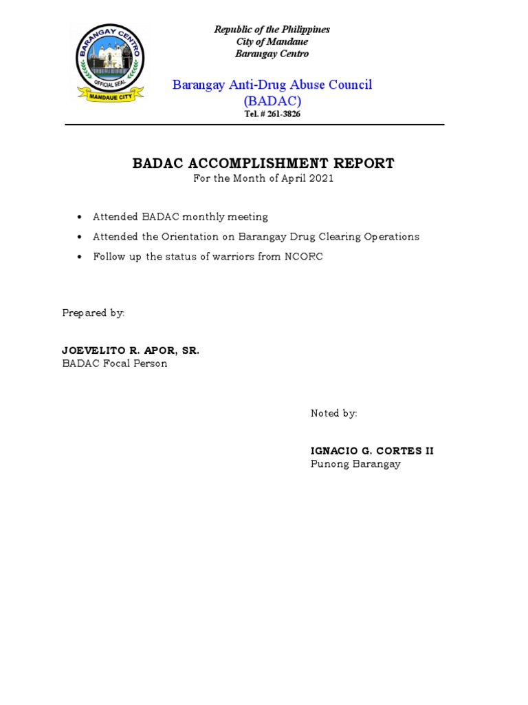 Badac Accomplishment Report: Barangay Anti-Drug Abuse Council (Badac) | PDF