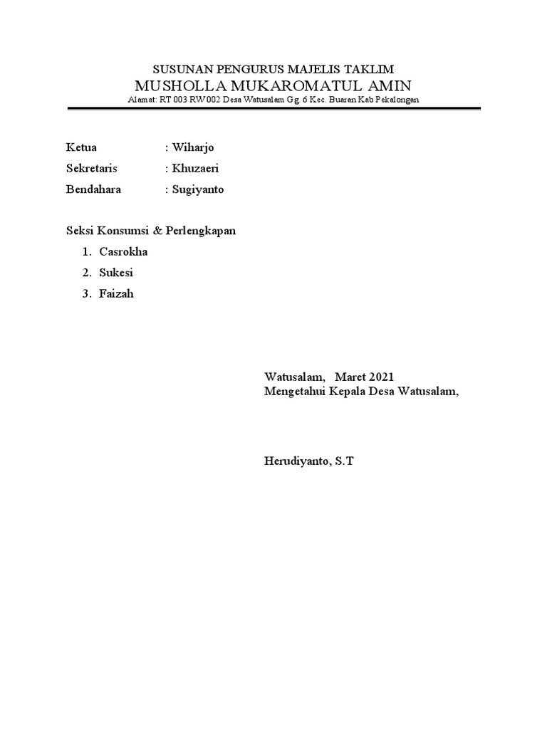 Susunan Pengurus Majelis Taklim | PDF