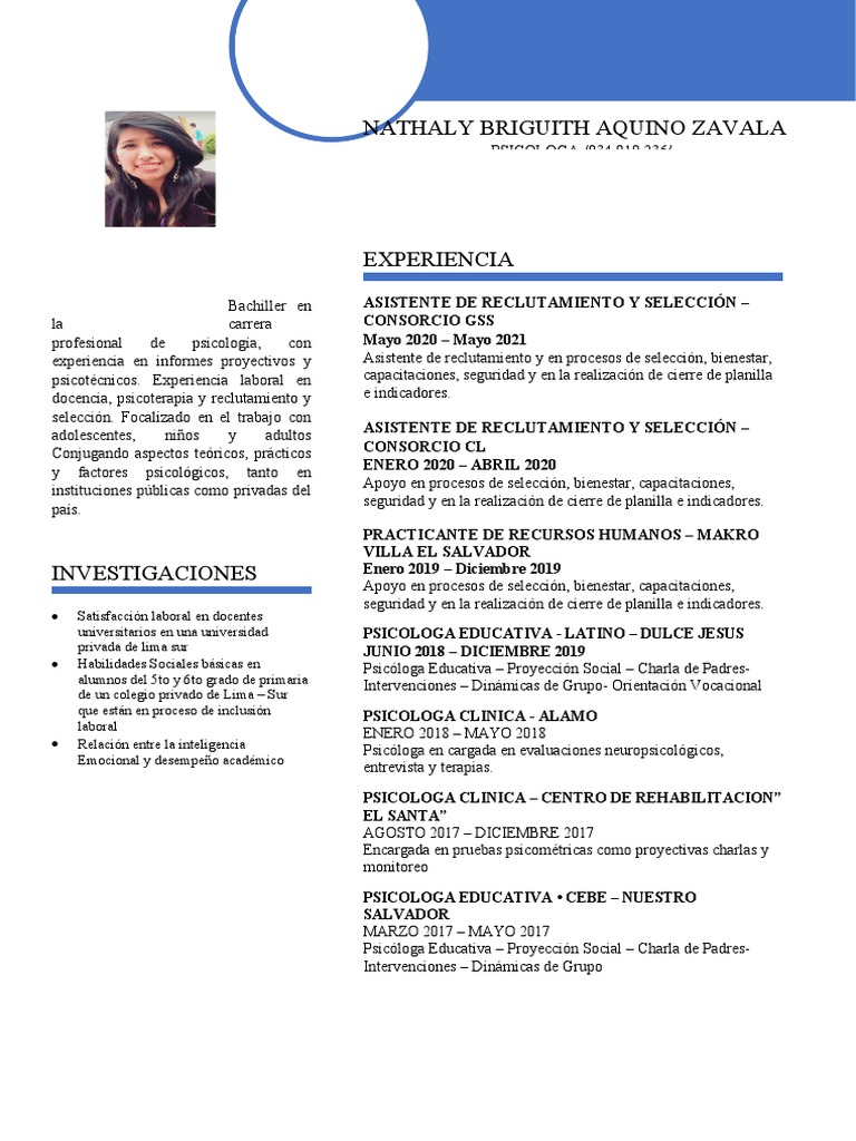 CV de Nathaly Briguith, Psicóloga Clínica | PDF | Psicología Educacional | Bienestar