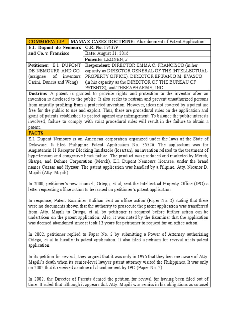 E.I. Dupont vs. Francisco | PDF | Patent Application | Patent