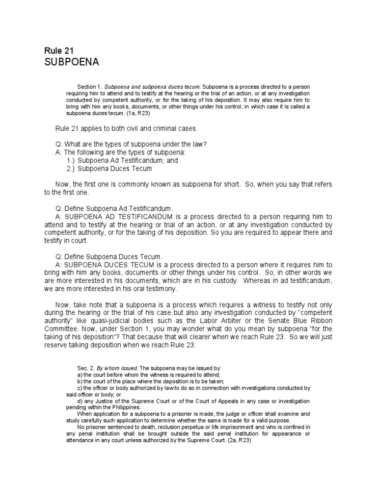Subpoena Rule 21 Descargar Gratis PDF Subpoena Duces Tecum Subpoena