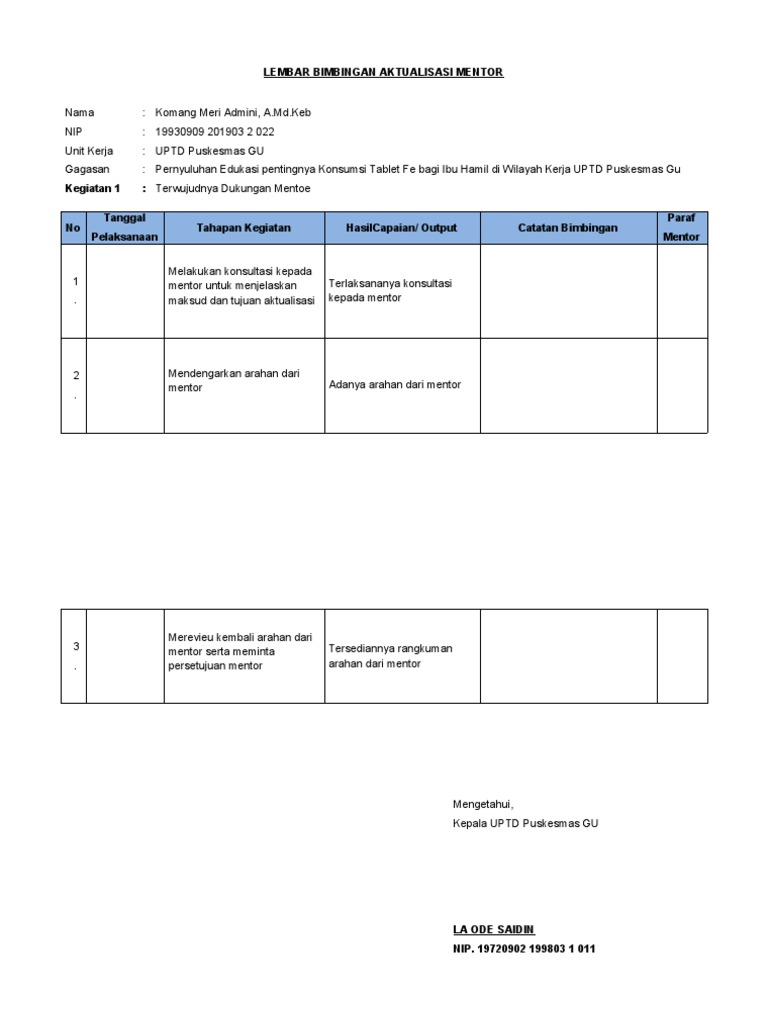 Lembar Bimbingan Aktualisasi Mentor | PDF