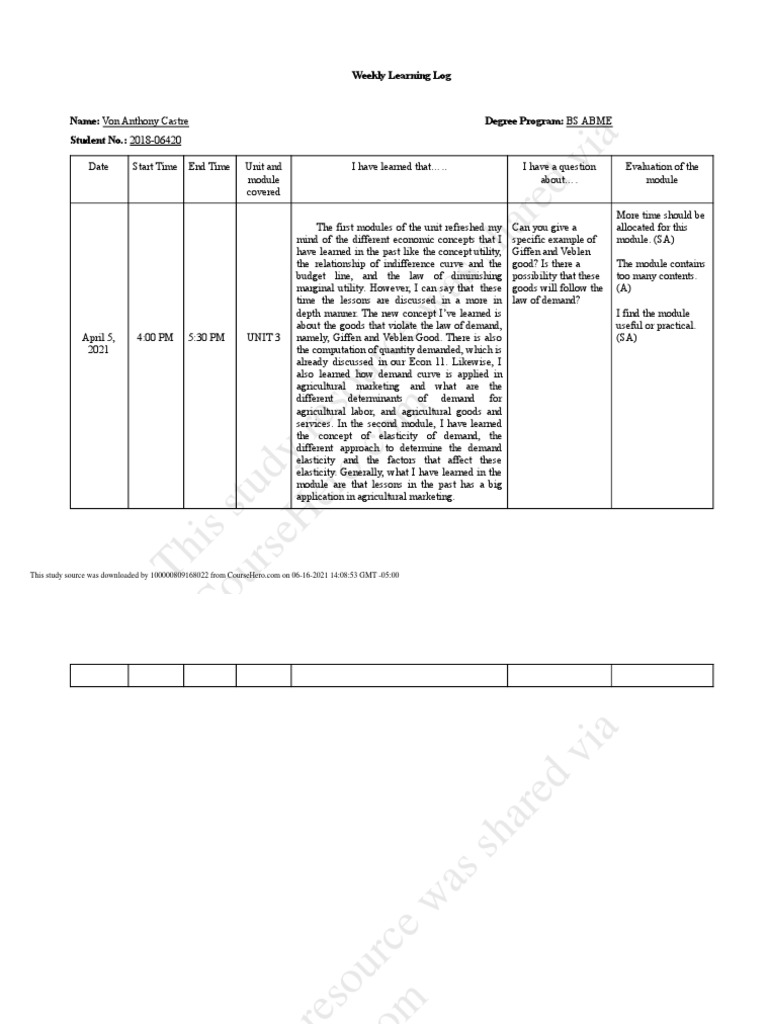This Study Resource Was Shared Via: Weekly Learning Log | PDF | Demand ...