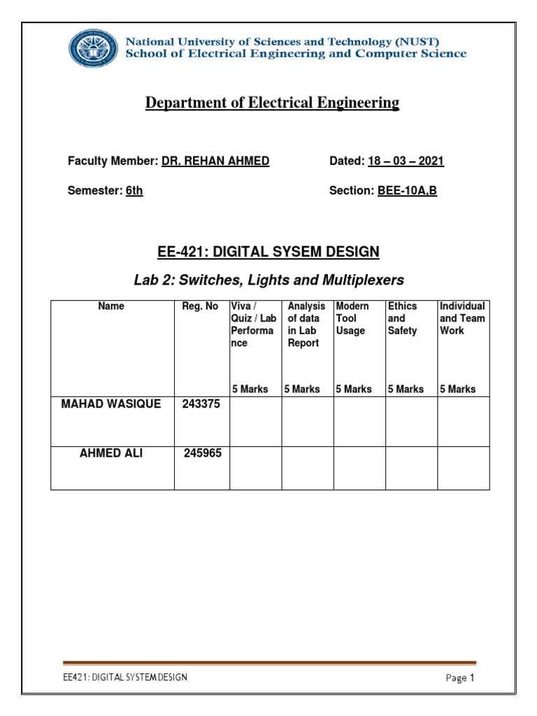 Department of Electrical Engineering: Ee-421: Digital Sysem Design ...