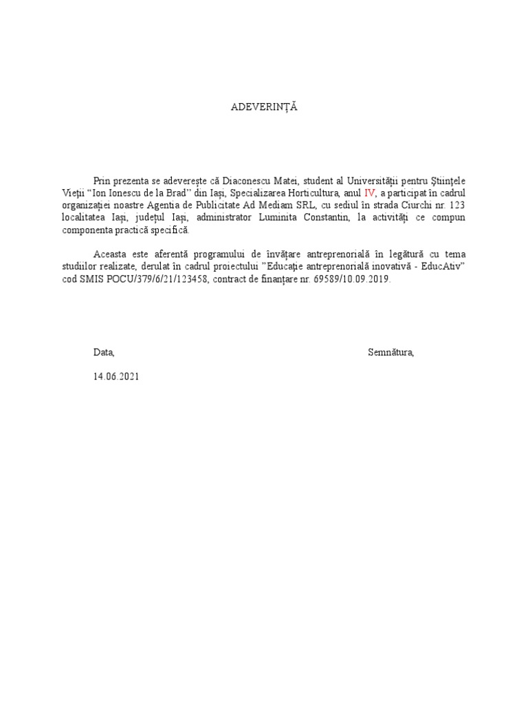 Adeverinta Practica MODEL | PDF