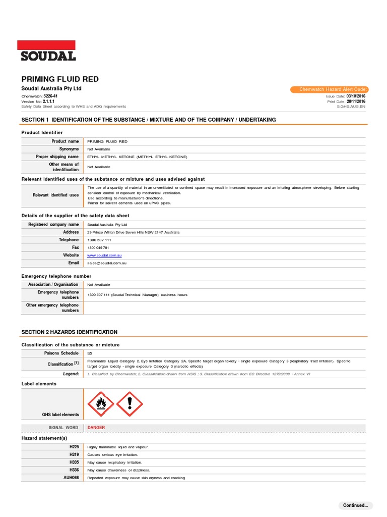 SDS - Soudal Priming Fluid Red | PDF | Toxicity | Fires