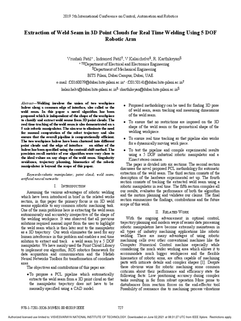 Extraction of Weld Seam in 3D Point Clouds For Real Time Welding Using ...