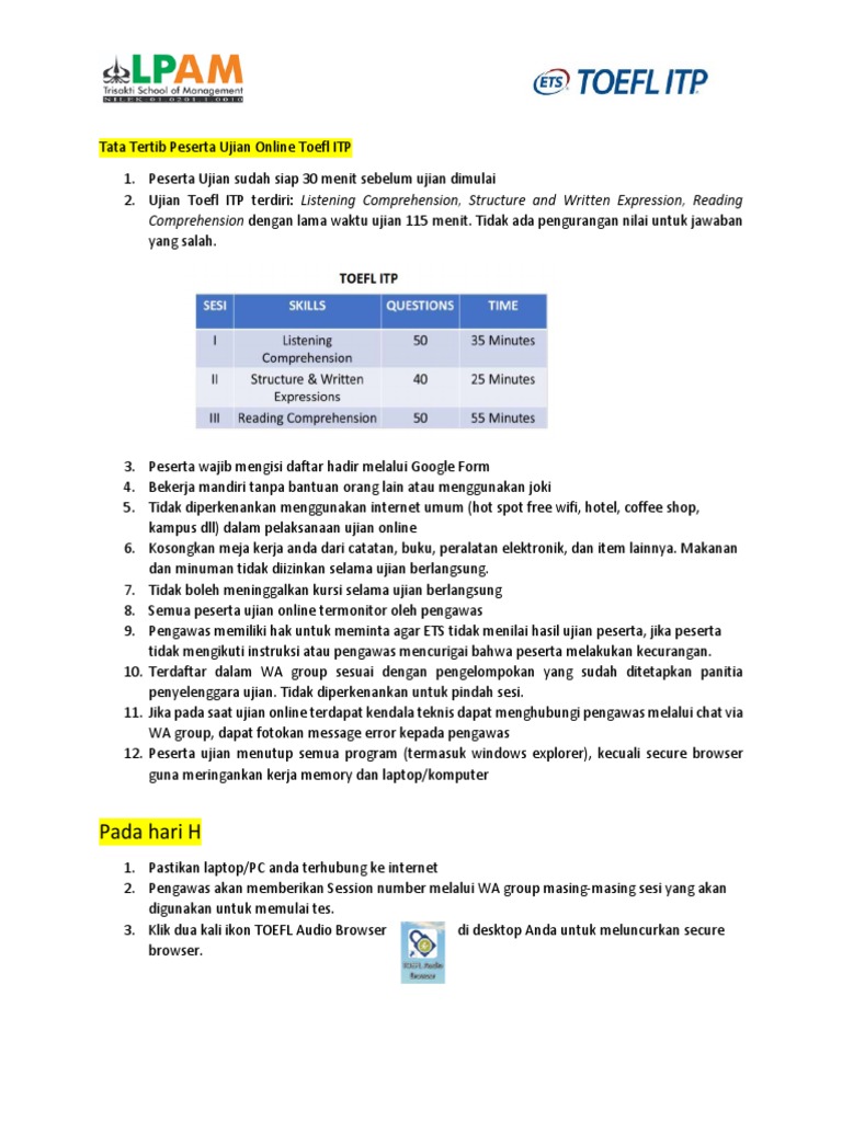 Tata Tertib Ujian Online TOEFL ITP | PDF